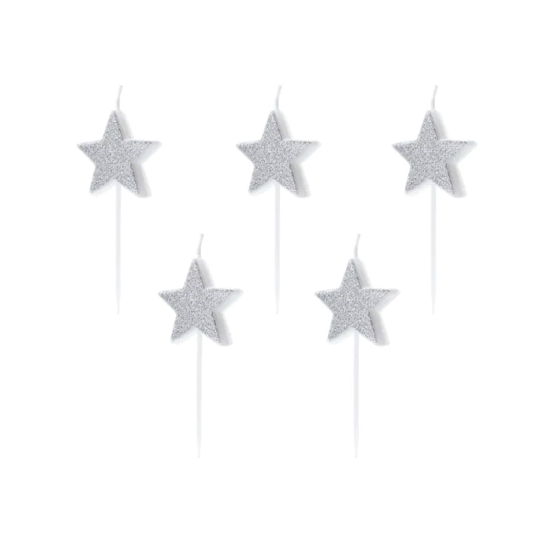 Glitter Silver Star Birthday Candles (5ct) – Space Party & Twinkle Star ...