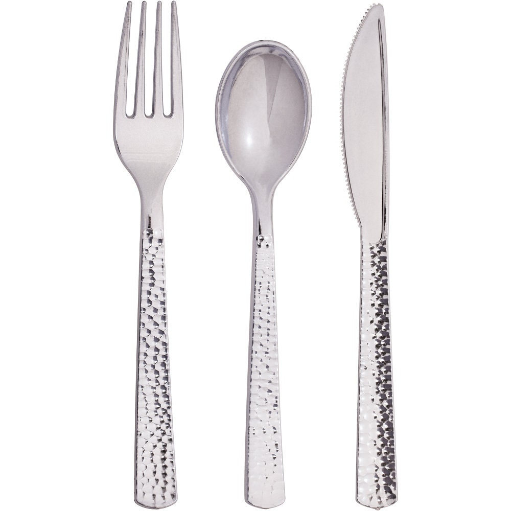 Silver Premium Plastic Hammered Cutlery Service for 8 - Etsy