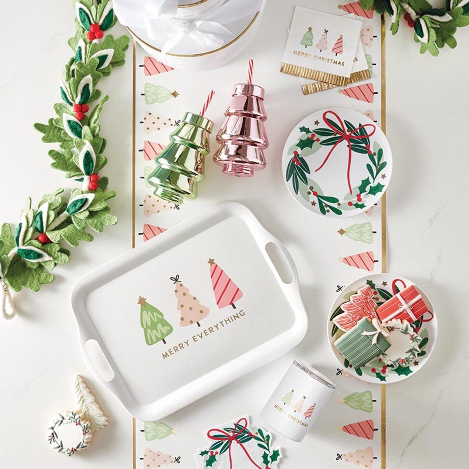 Whimsical Christmas Tree Paper Table Runner 25ft – Pink & Green Holiday ...