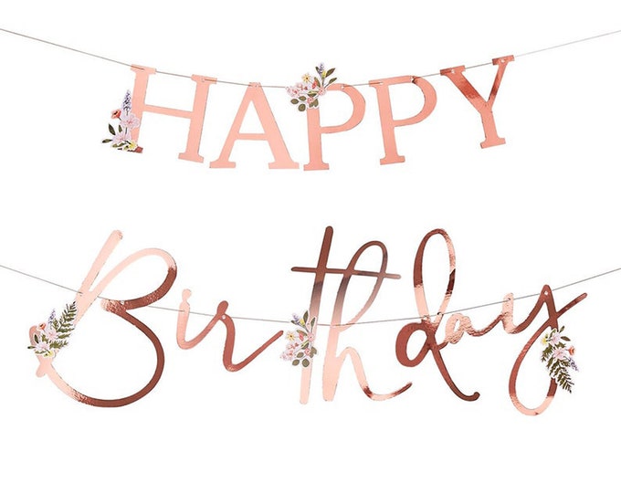 Botanical Happy Birthday Banner Metallic Rose Gold Birthday Banner ...