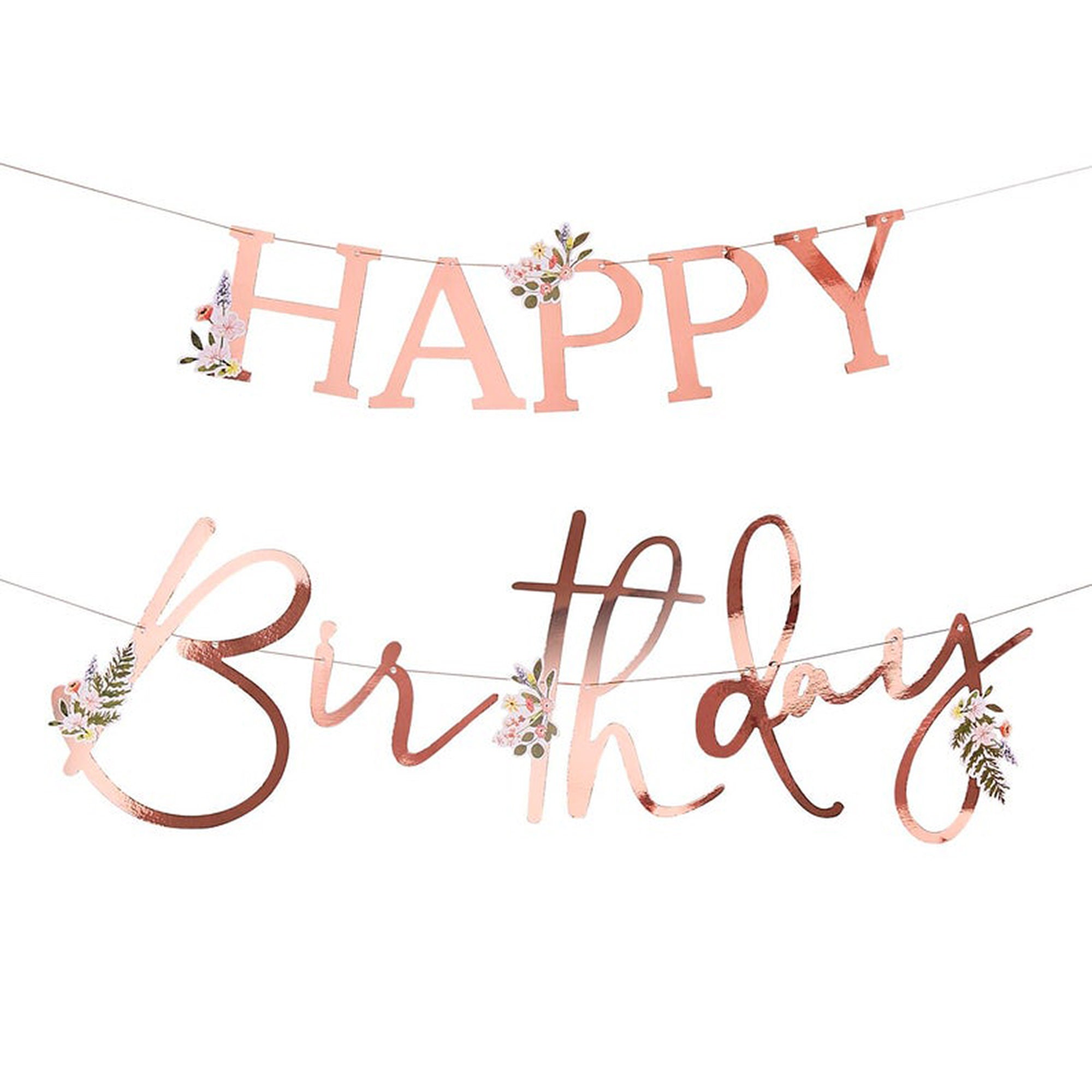 Botanical Happy Birthday Banner | Metallic Rose Gold Birthday Banner ...