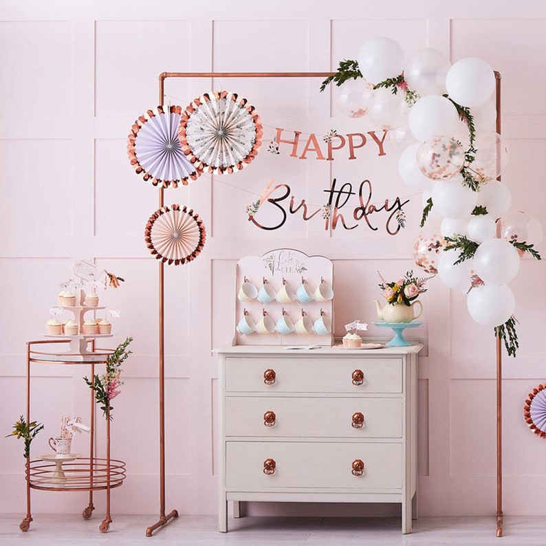 Botanical Happy Birthday Banner | Metallic Rose Gold Birthday Banner ...