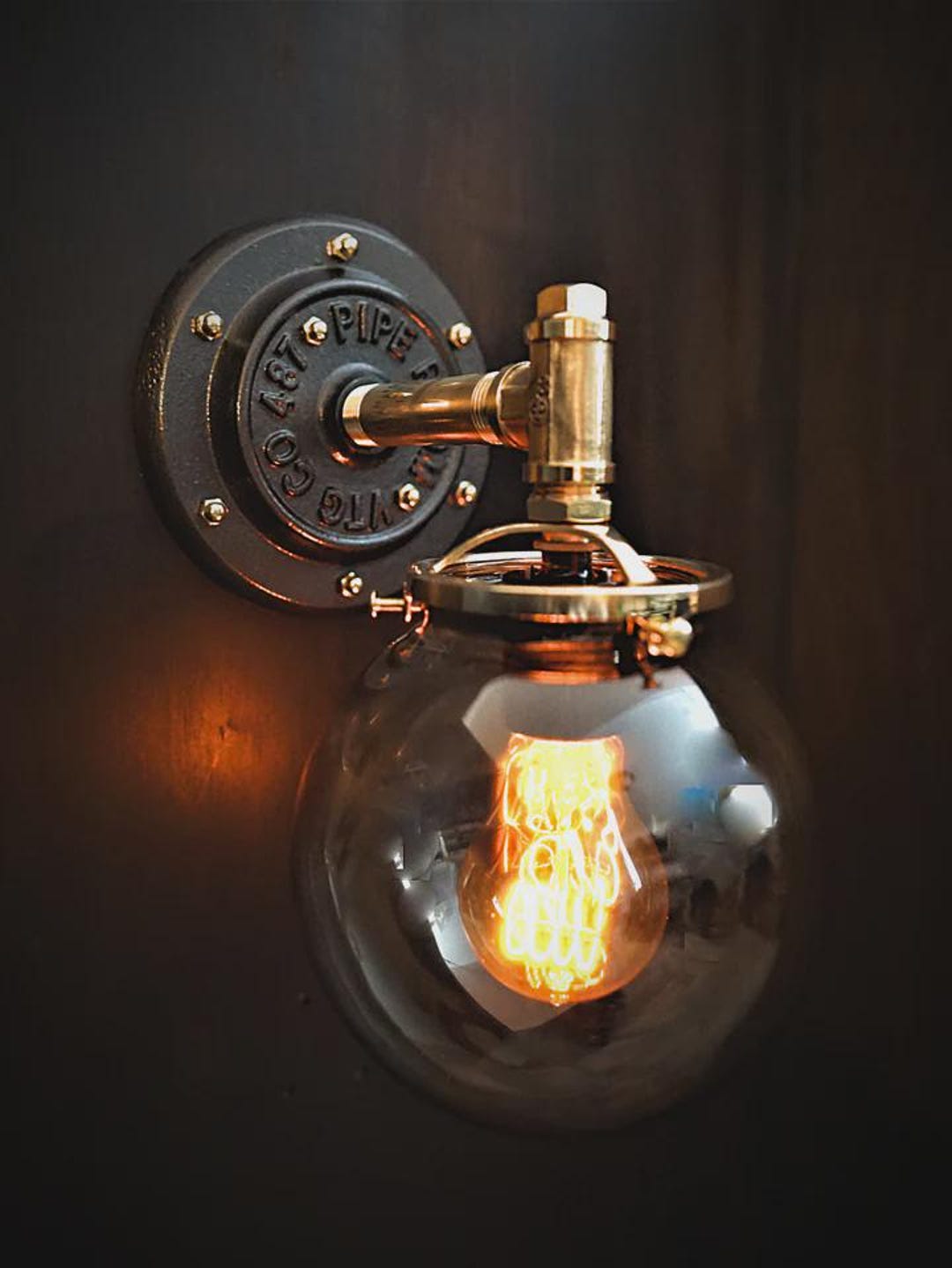 Industrial Brass Globe Edison Wall Sconce, Pipe Wall Sconce, Industrial ...