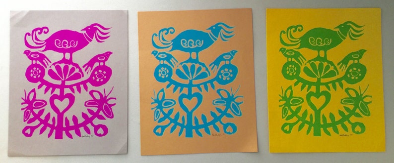 Vintage Small Folk Art Screenprint by Gail Holliday - Green/yellow - Etsy