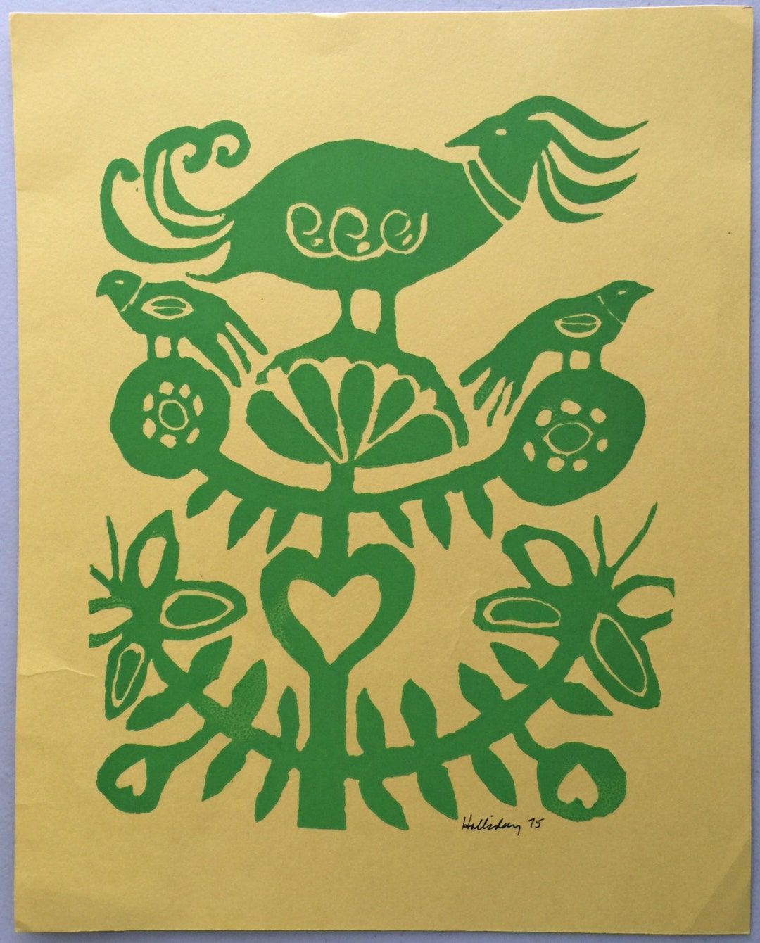 Vintage Small Folk Art Screenprint by Gail Holliday - Green/yellow - Etsy