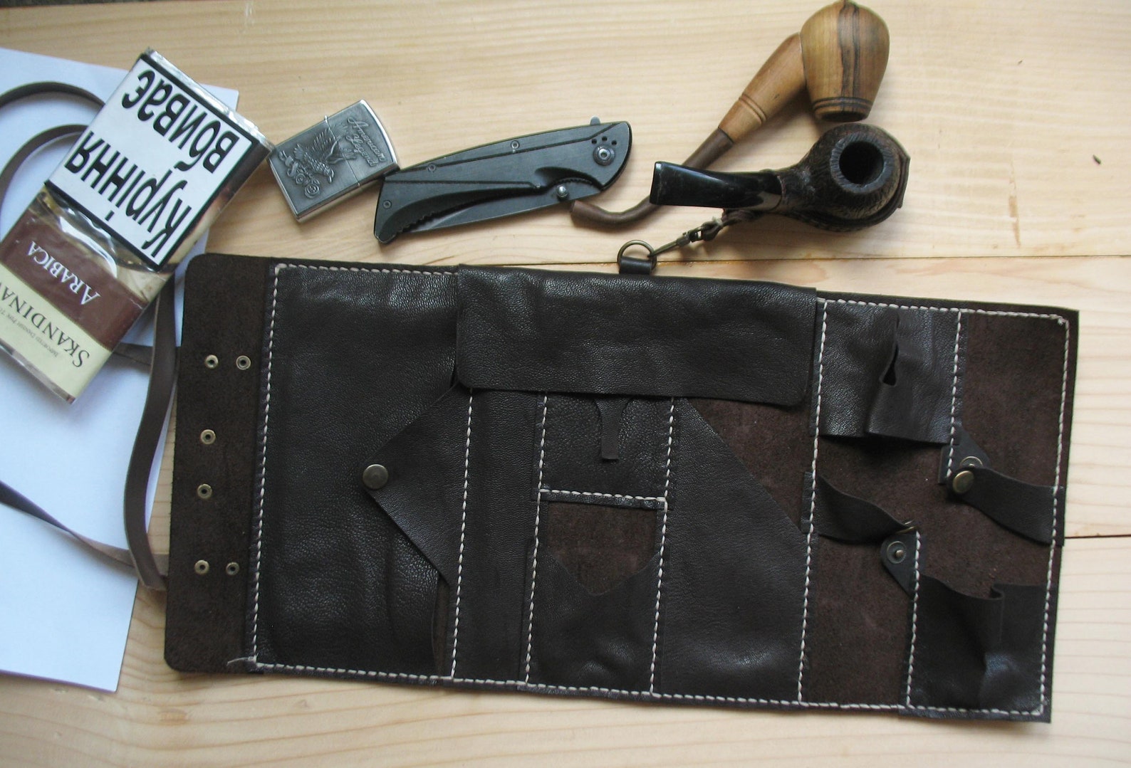 Large Leather Pipe Roll Roll for Two Smoking Pipes Travel Tobacco Case ...