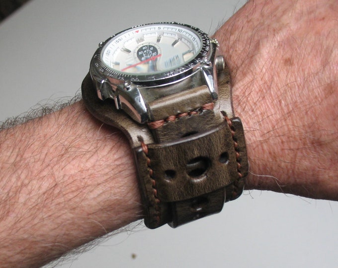 Horween Leather Cuff Watch Strap, Thick Leather Wrist Watch Band ...