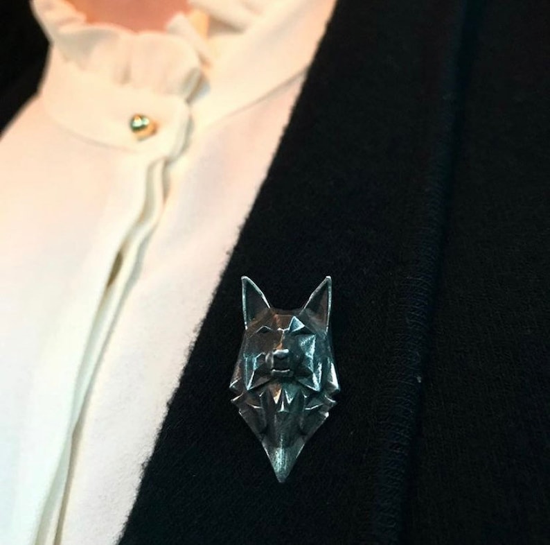 WOLF PIN- Sterling Silver 925 Solid Geometric Wolf Brooch- Wolf Head ...