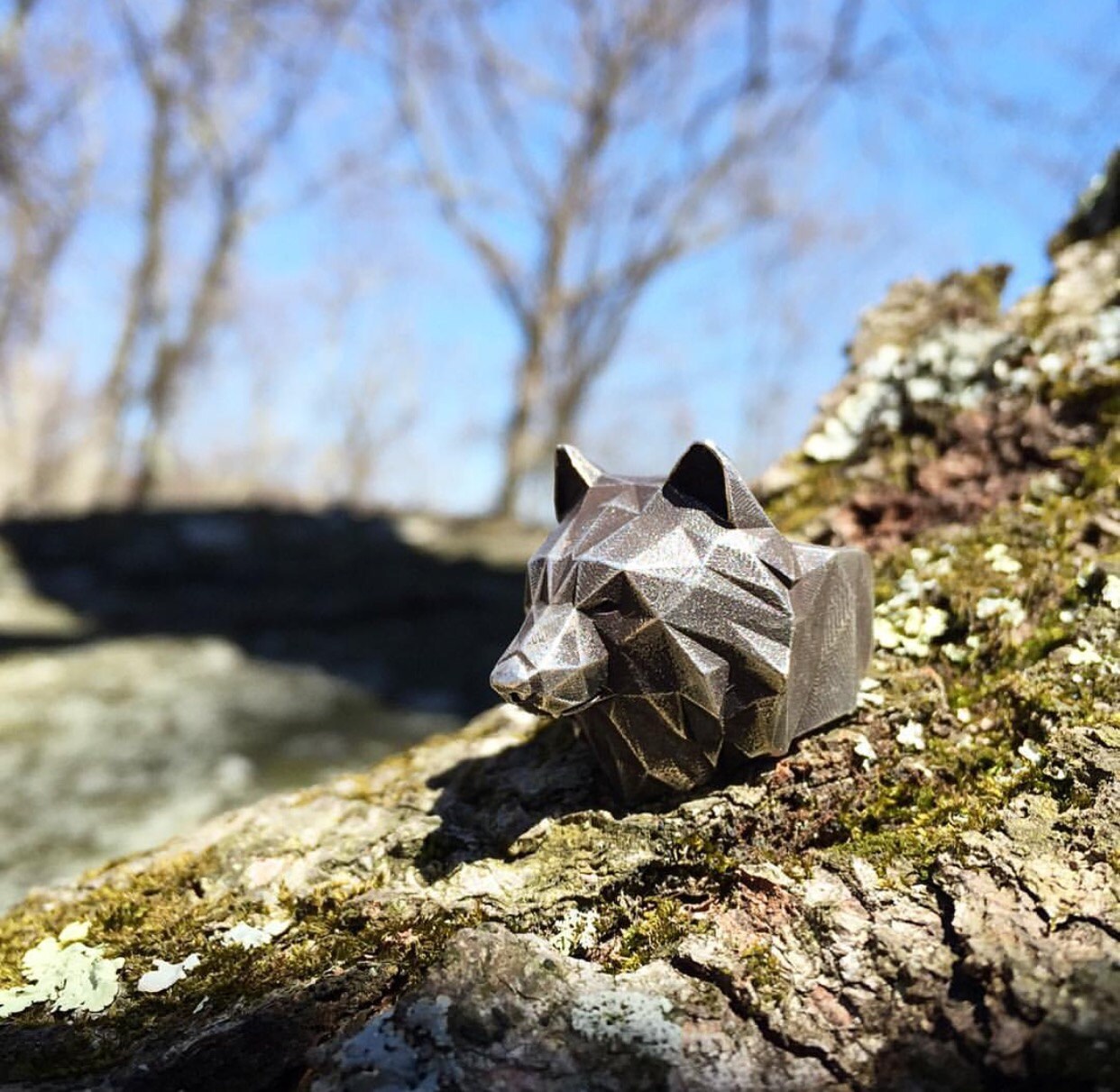 BEAR RING- Sterling Silver Bear Head Geometric Statement Ring- Oxidized ...