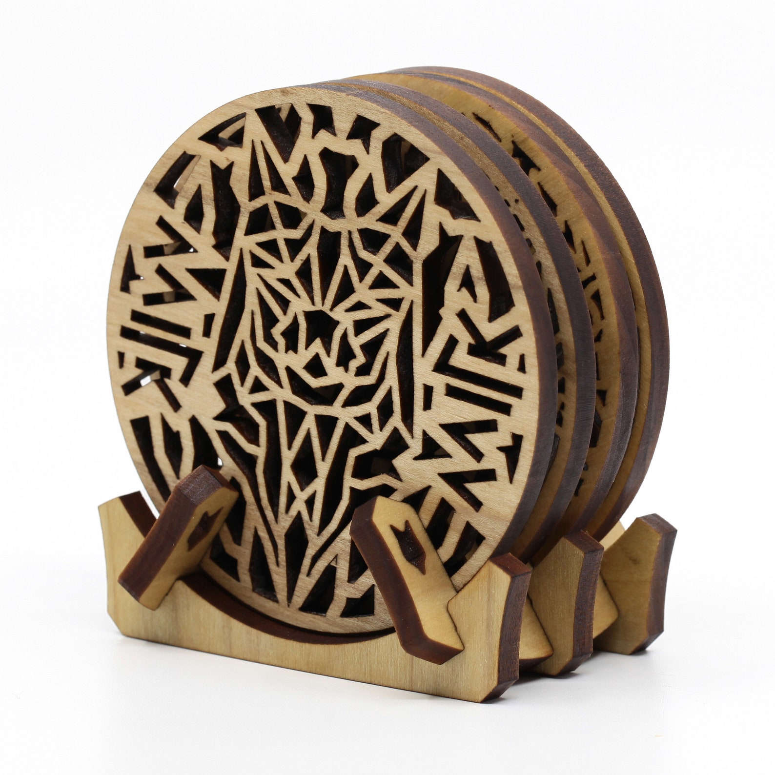 WOODEN COASTERS Set of 4 Round Laser Cut Geometric Wolf | Etsy