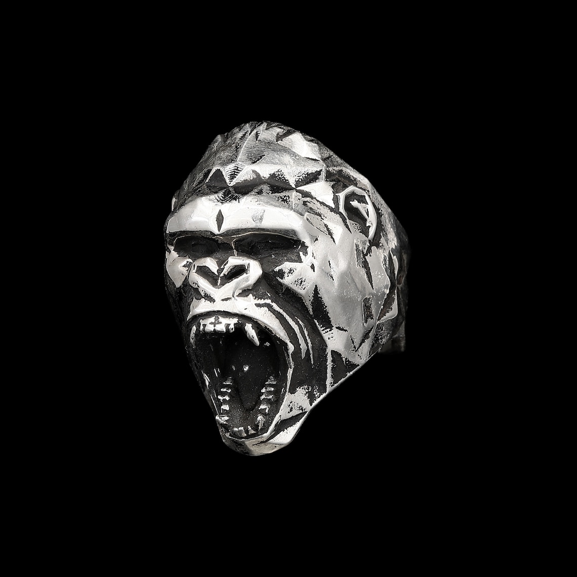 ROARING GORILLA RING, Sterling Silver Low Poly Geometric Gorilla Head ...