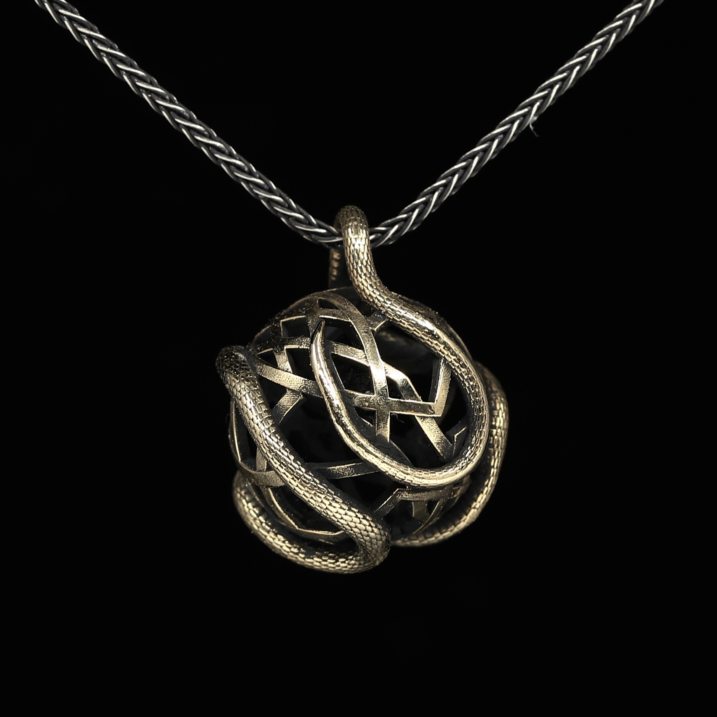SNAKE PENDANT, Sterling Silver Round Serpent Necklace, Ornate Orb ...