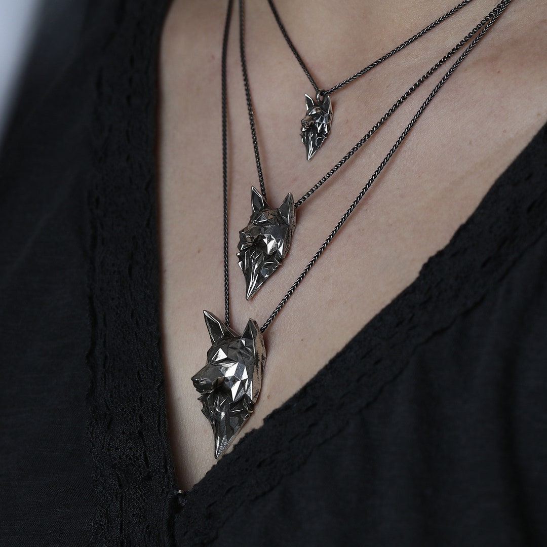 MEDIUM WOLF PENDANT- Silver Low Poly Geometric Statement Necklace ...