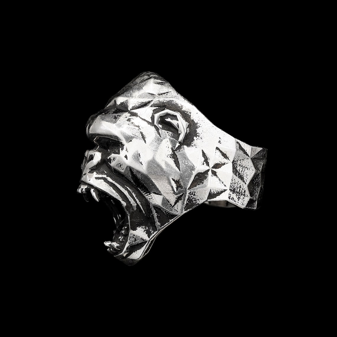 ROARING GORILLA RING, Sterling Silver Low Poly Geometric Gorilla Head ...