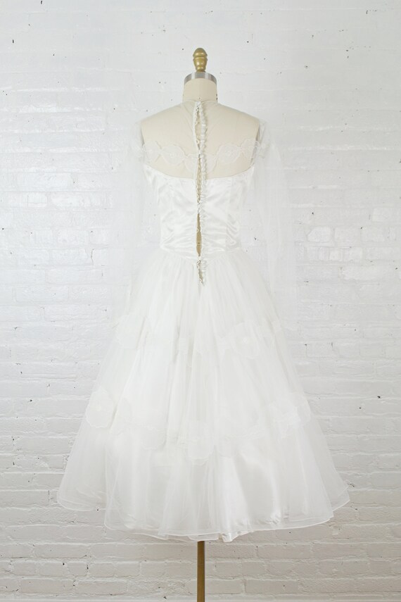 1950s lace and tulle white tea length wedding dress .… - Gem