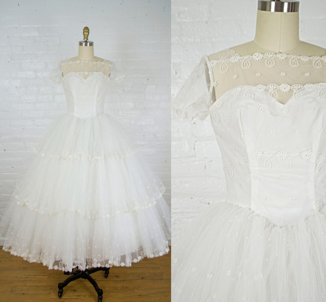 Selma Vintage 1950s Lace and Tulle White Tea Length Wedding Dress ...