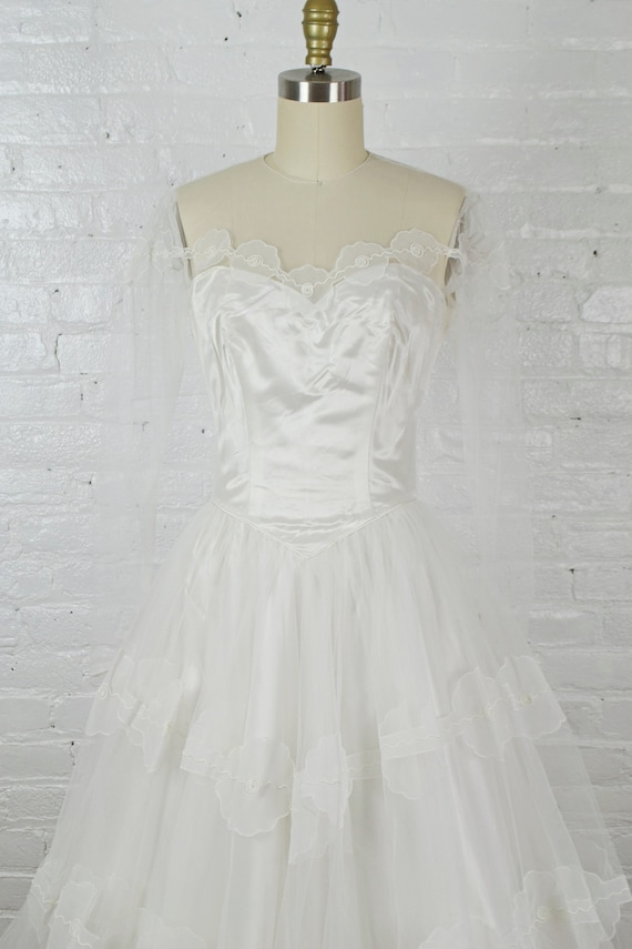 1950s lace and tulle white tea length wedding dress .… - Gem
