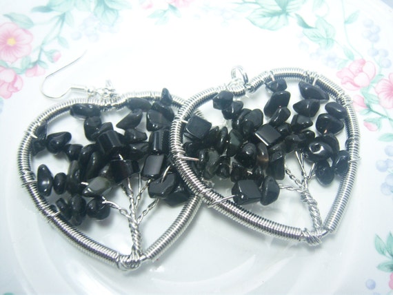 Heart Shaped Black Agate Tree of Life Dangle Drop Earrings | Etsy