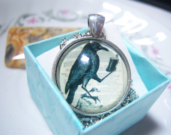 Cute Crow Raven Reading a Book Glass Cabochon Necklace, Book Lover ...