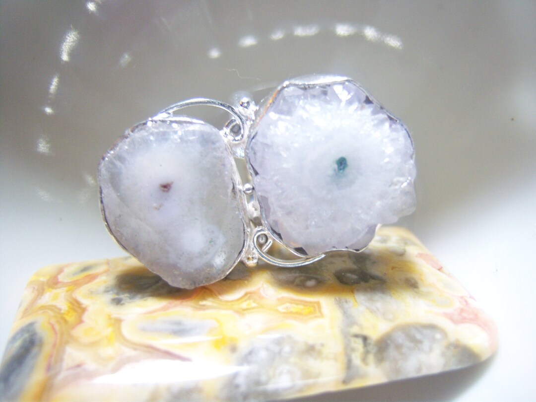 Double Solar Slice 925 Silver Overlay Ring Size 9, Natural Agatized ...