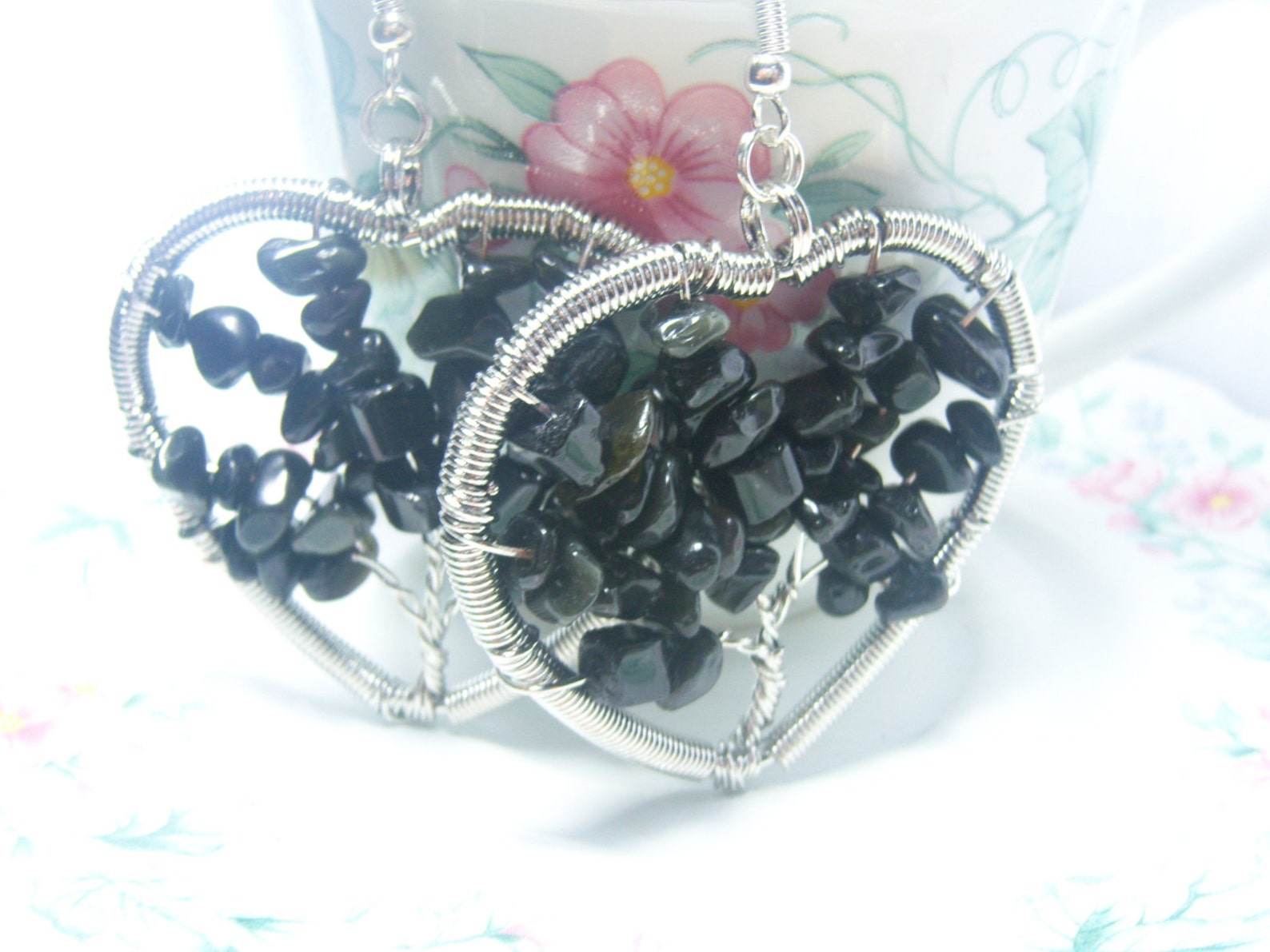 Heart Shaped Black Agate Tree of Life Dangle Drop Earrings, BOHO OOAK ...