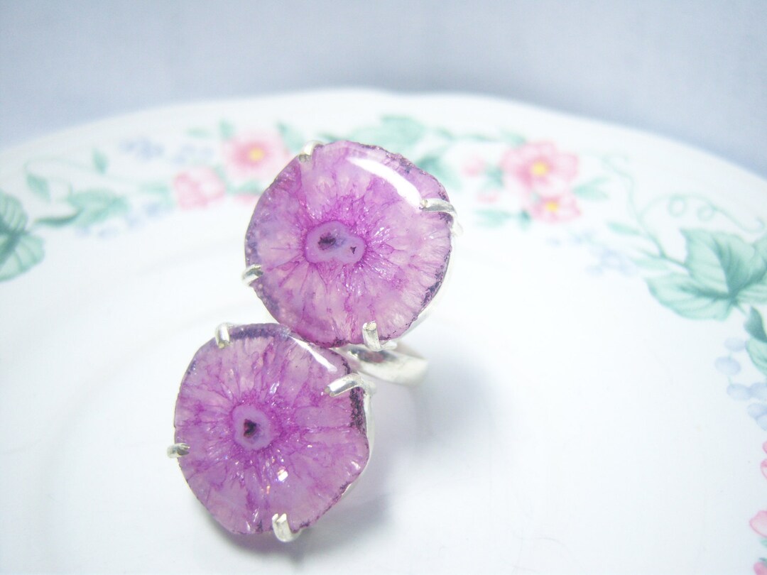 Double Solar Slice 925 Silver Overlay Ring Size 9, Natural Agatized ...