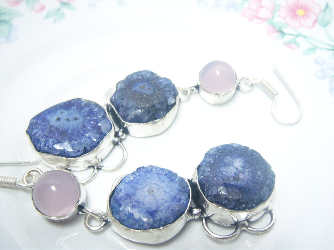 Rose Quartz and Dyed Blue Solar Quartz 925 Silver Over Copper Drop ...