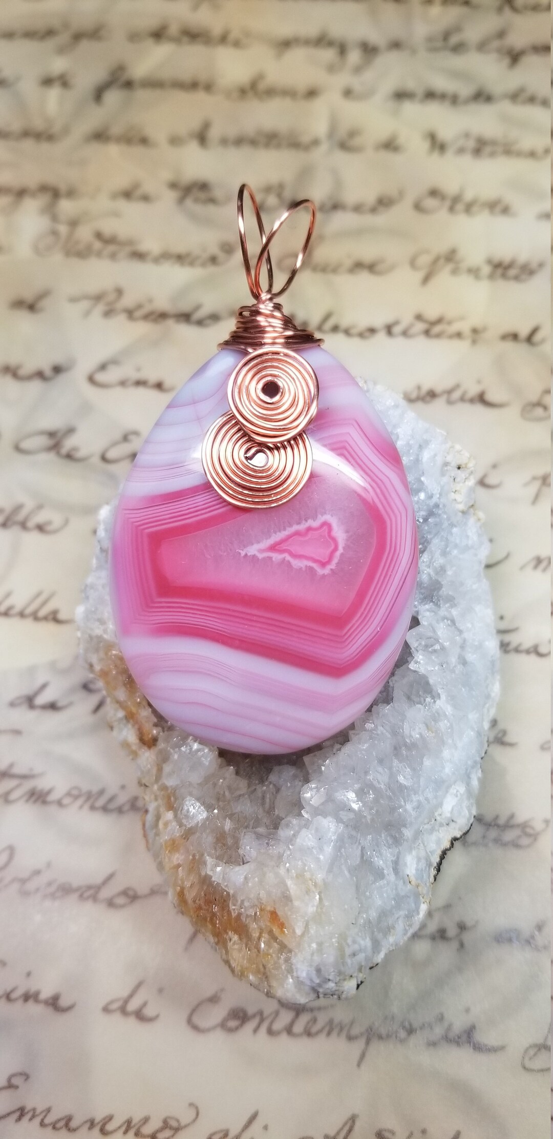 Tear Drop Shaped Copper Wire Wrapped Striped Agate Stone Necklace, BOHO ...