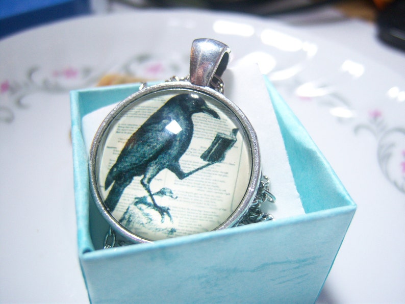 Cute Crow Raven Reading a Book Glass Cabochon Necklace Book | Etsy