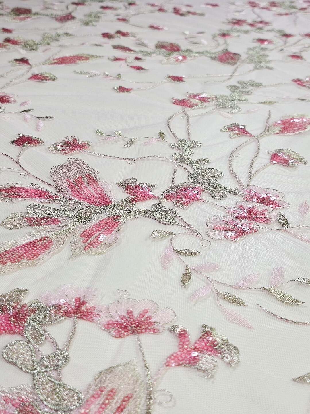 Pink Embroidery Lace Fabric, Light Pink Tulle Net With Embroidery and ...