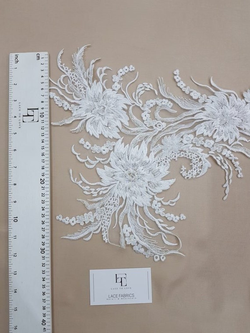Ivory Lace Patch, Beaded Lace Applique, French Chantilly Lace Motif, 3D ...