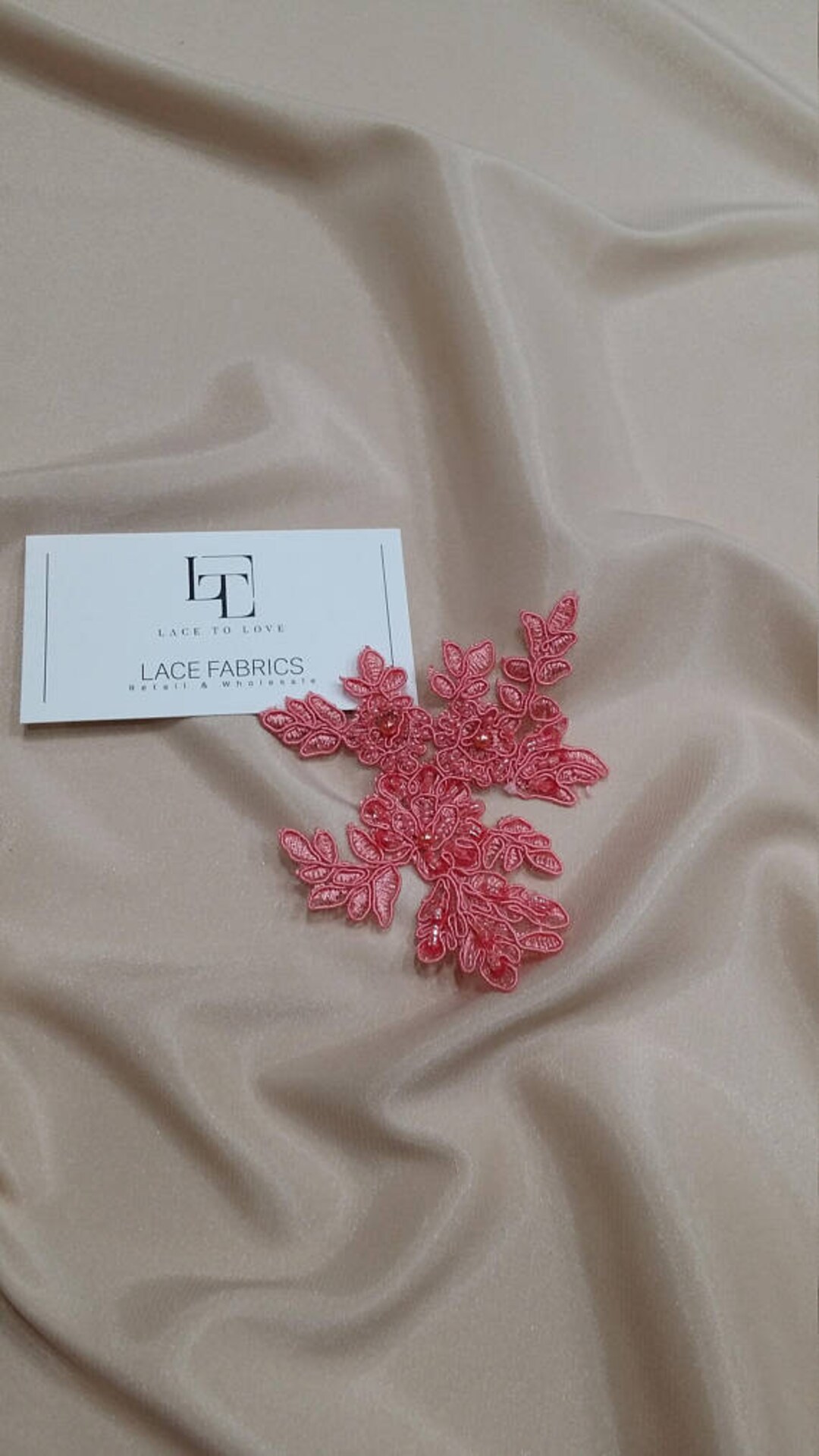 Salmon Pink Lace Applique, Beaded Lace Applique, French Chantilly Lace ...
