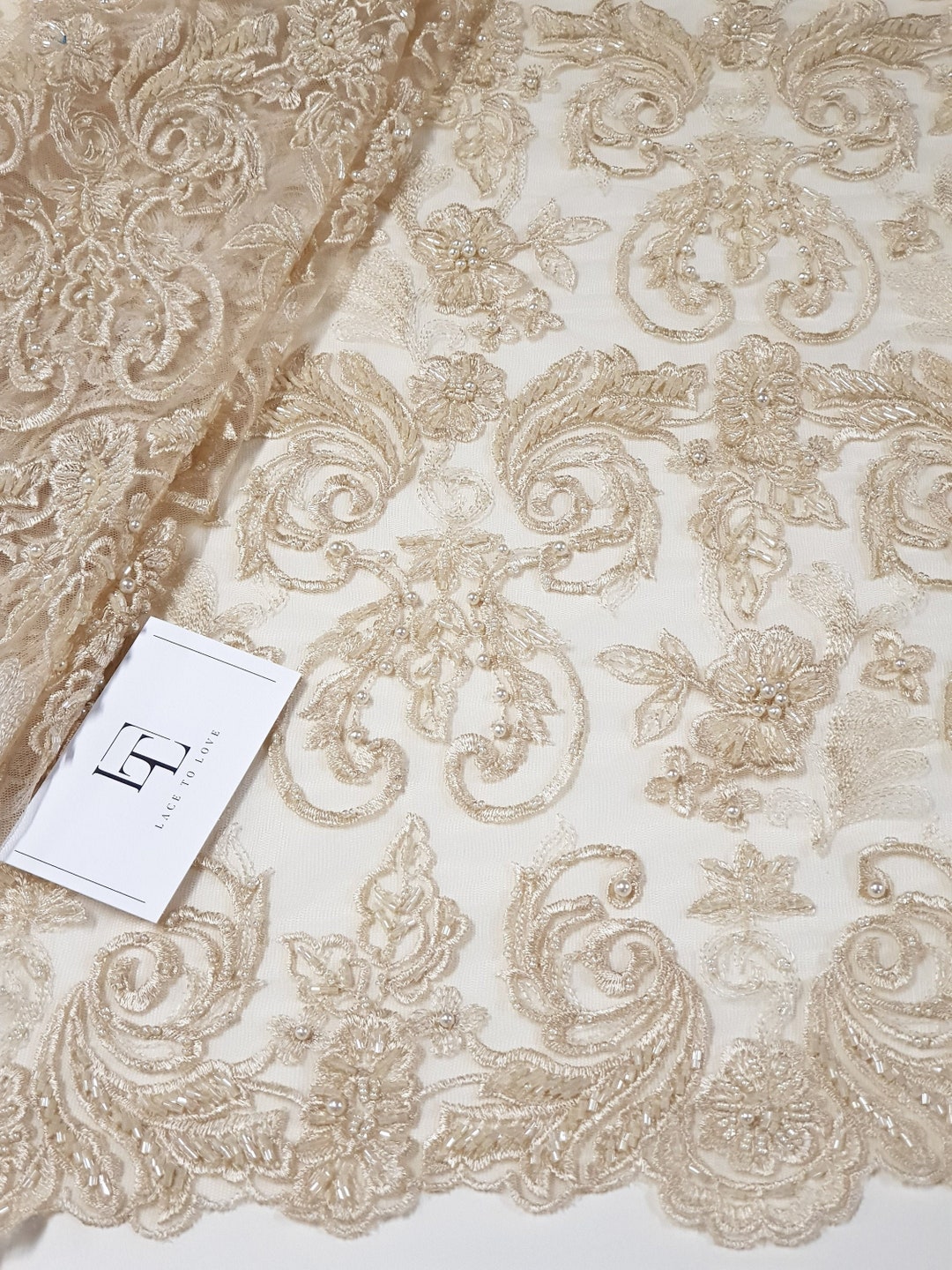 Beige Lace Fabric, Beaded French Lace Fabric, Alencon Lace, Bridal Lace ...