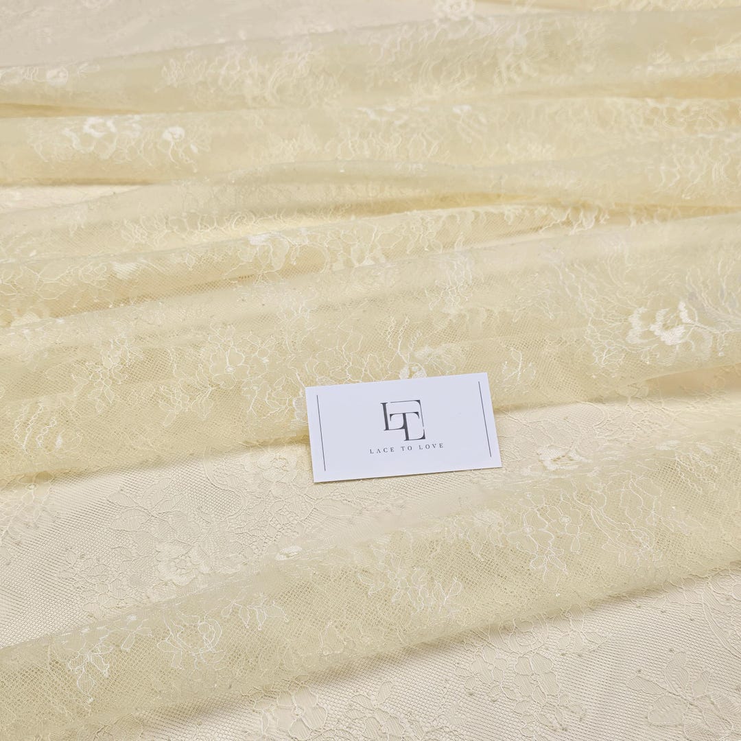 Pale Yellow Lace Fabric, Dark Ivory Vintage French Chantilly Nylon Lace ...