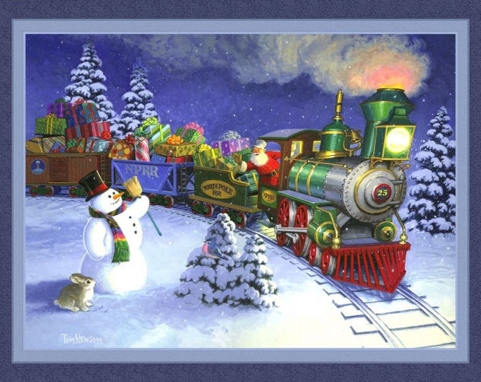 SANTA'S TRAIN 36" X 45" Fabric Quilt Panel, Christmas, Holiday, Snowman ...