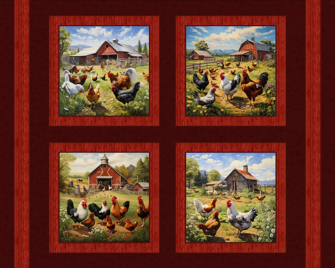 Farm Chickens Fabric Quilt Panel: Rooster & Barn, 36" X 45" - Etsy