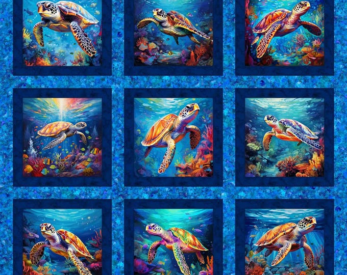 SEA TURTLES Coral Cruisers Fabric Quilt Panel 36" X 45", Ocean, Beach ...