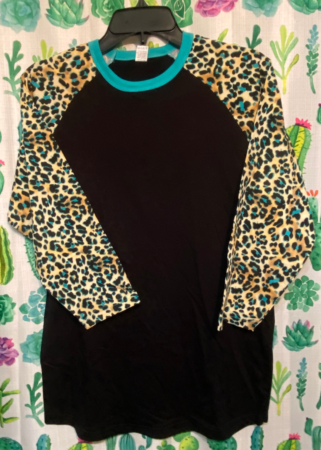Black & Tan/teal Cheetah Print 3/4 Sleeve Raglan Tee - Etsy