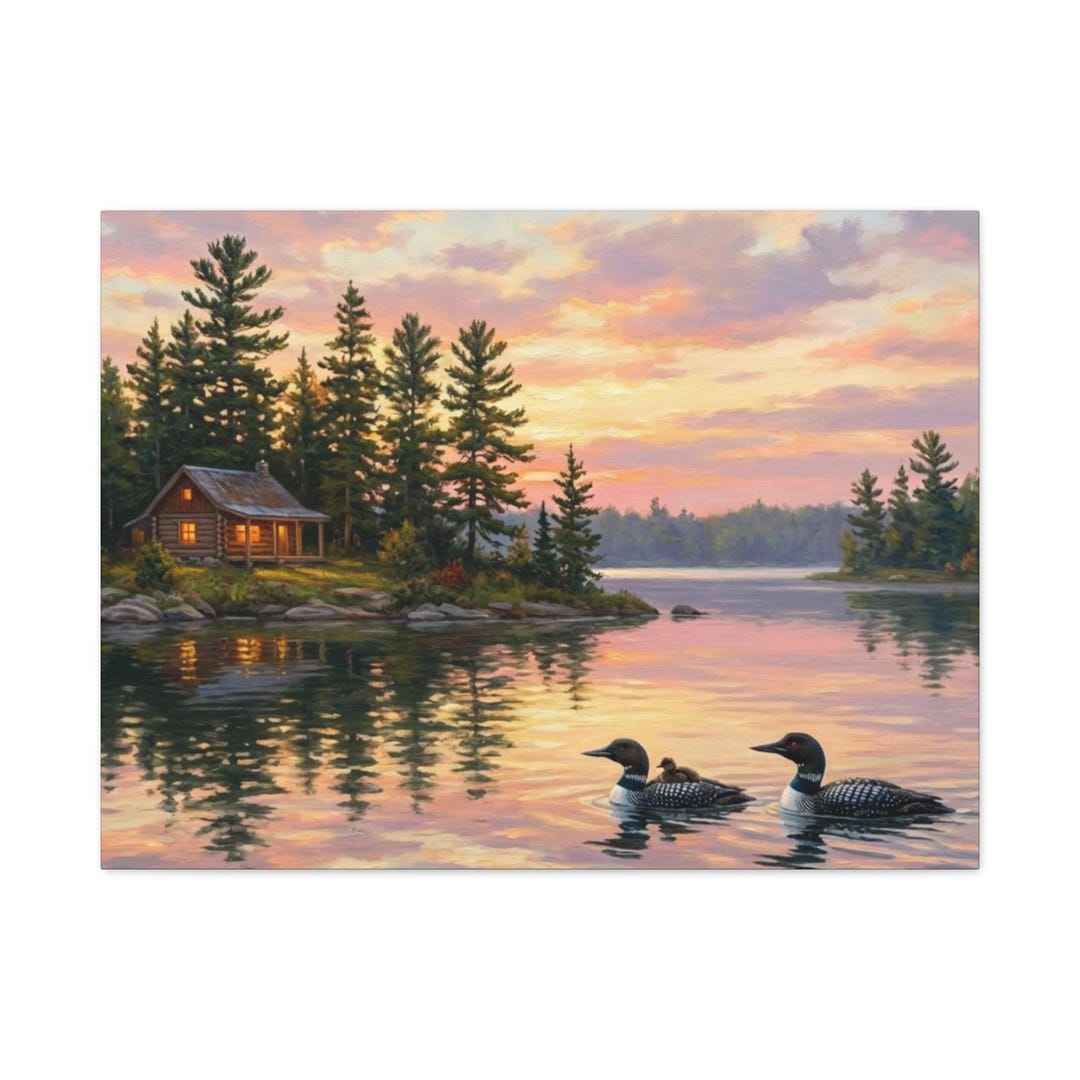 Loons at Sunset Cabin Lake Canvas | Cabin Wall Art - Etsy