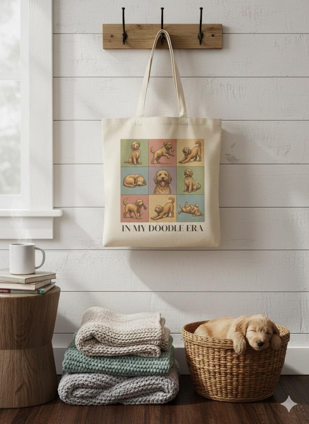 In My Doodle Era Goldendoodle Grid Tote Bag | Dog Illustration Canvas ...
