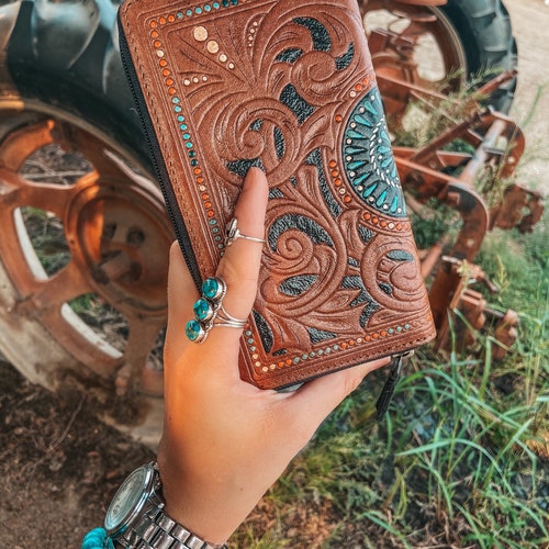 Western Floral Tooled Leather Wallet - Etsy