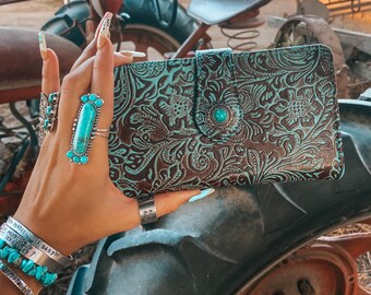 Turquoise Leather Wallet | Etsy