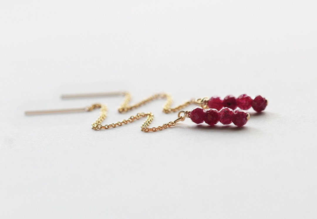 14k Gold Tiny Ruby Threader Earrings, July Birthstone, Red Gemstone ...