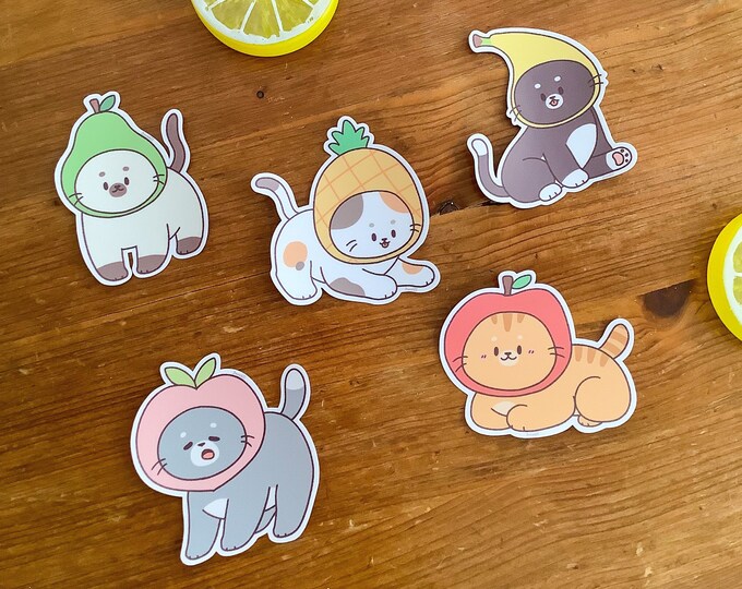 Fruit Cat Vinyl Sticker Set | Banana Apple Pear Peach Pineapple ...