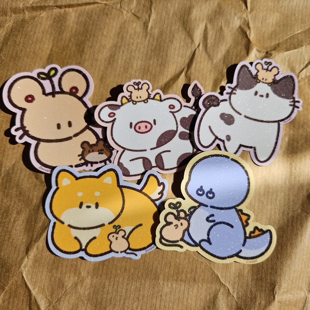 Glitter Animal Friends Vinyl Sticker Set | Cow Cat Dinosaur Hamster ...