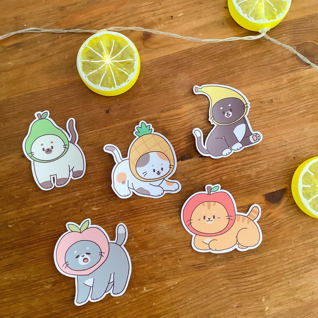Fruit Cat Vinyl Sticker Set | Banana Apple Pear Peach Pineapple ...