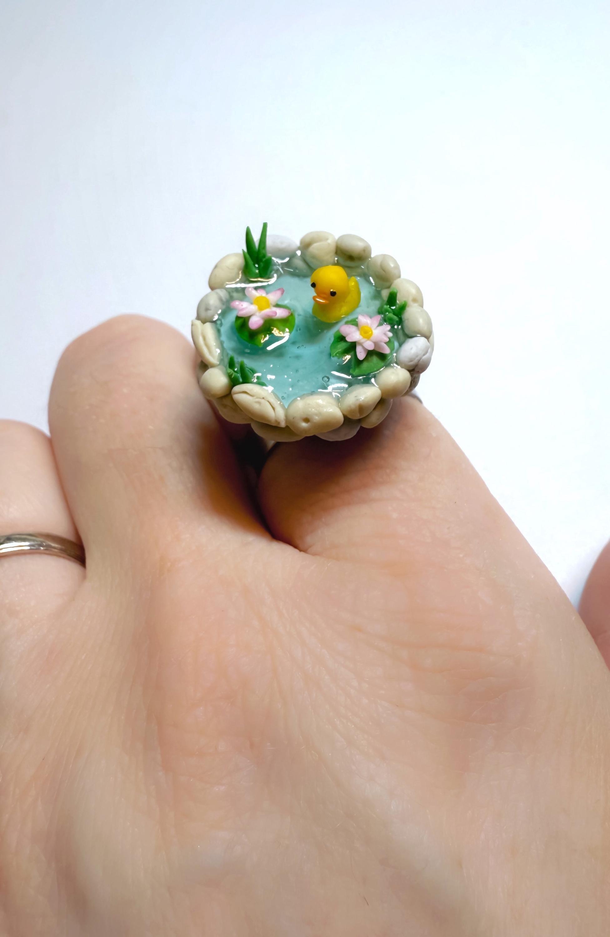 Duck Pond Ring: Handmade Polymer Clay Lotus Flower Jewelry - Etsy