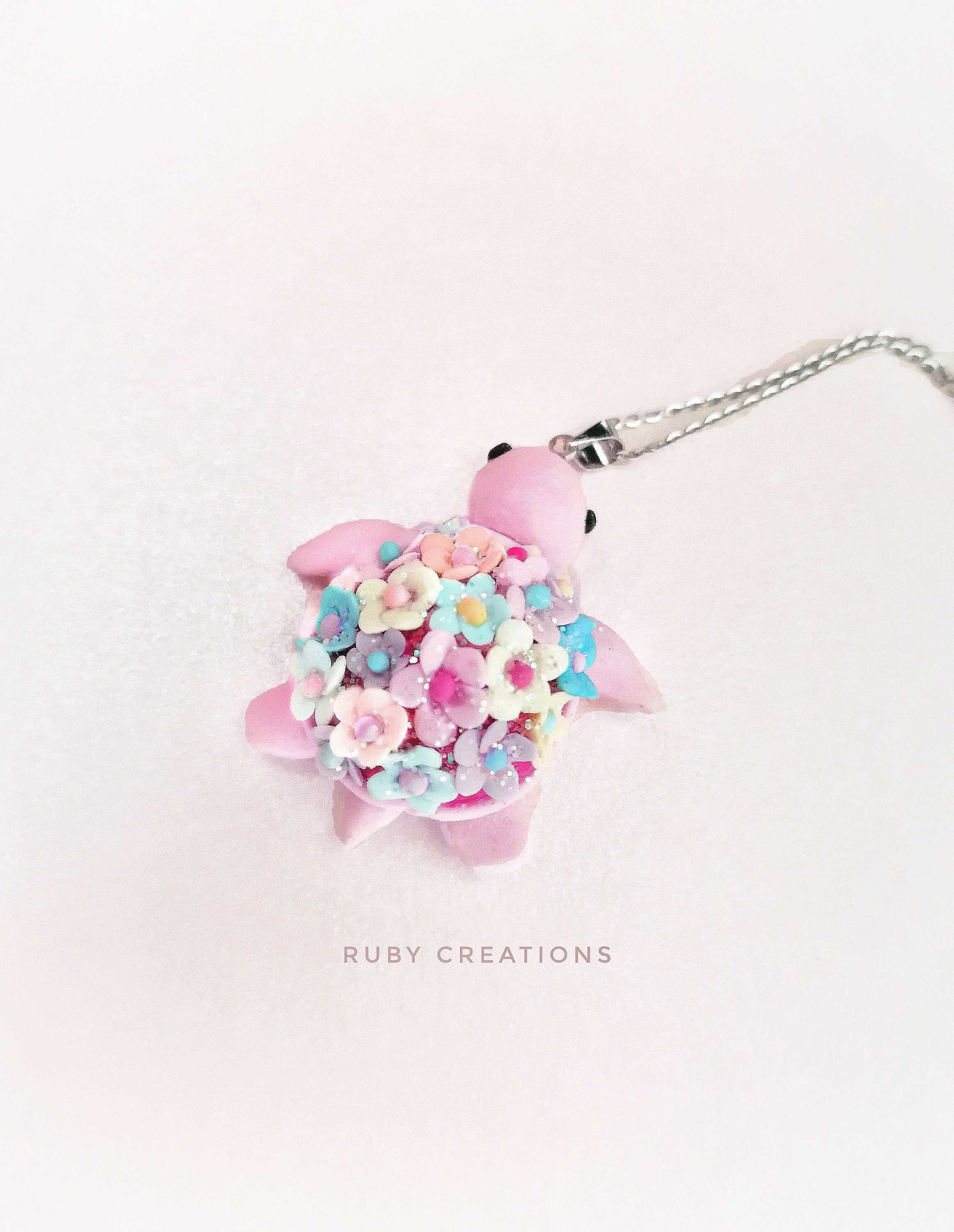 OOAK Turtle Necklace , Pink Flowers Turtle, Cute Turtle Necklace , Pink ...