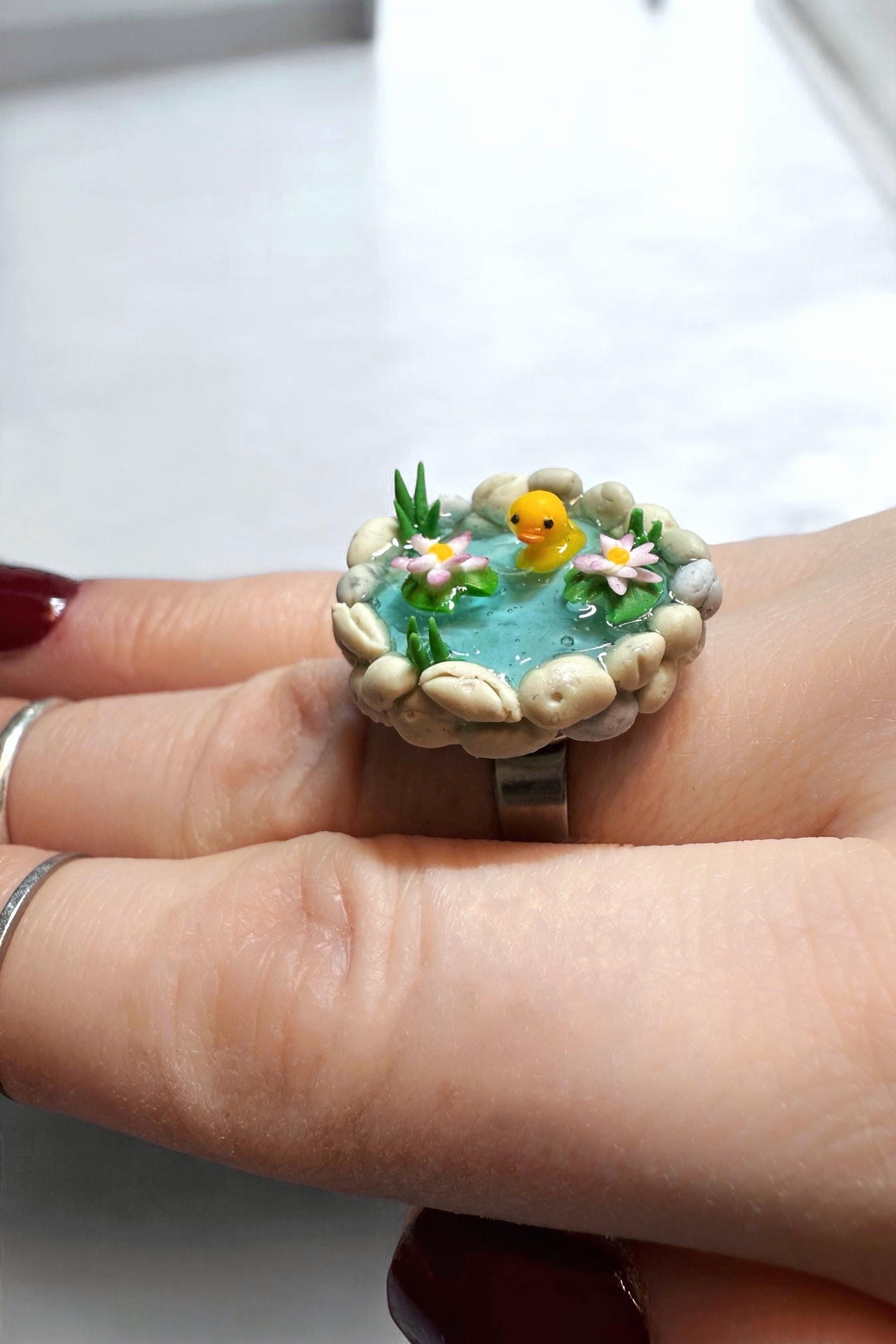 Duck Pond Ring: Handmade Polymer Clay Lotus Flower Jewelry - Etsy