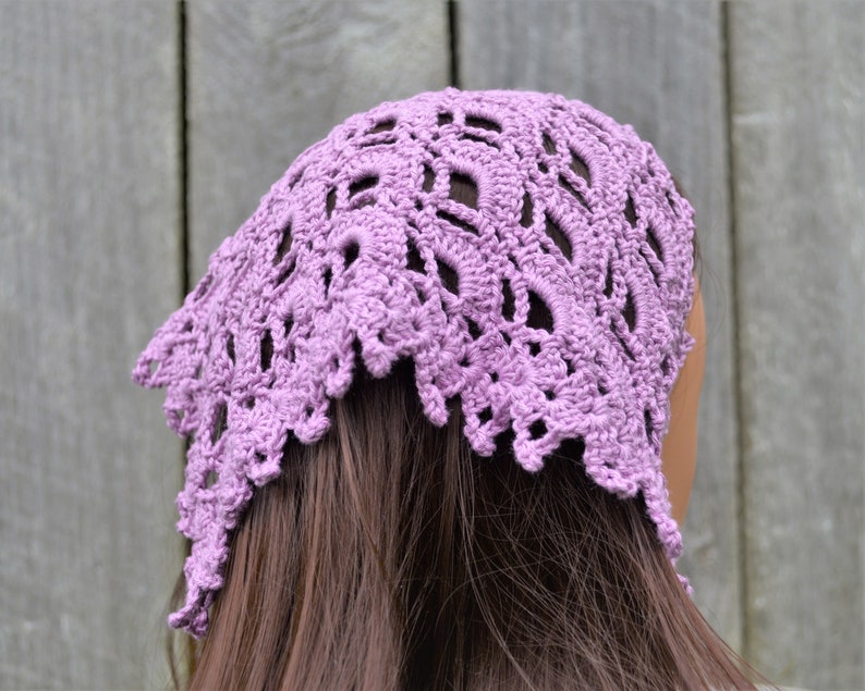 Crochet head scarf cotton kerchief in orchid purple lace | Etsy